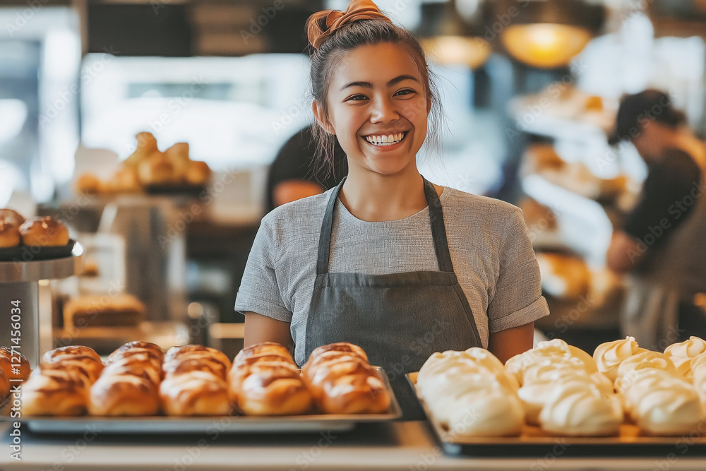 Attractive female saleswoman greeting customers with a big smile in ...