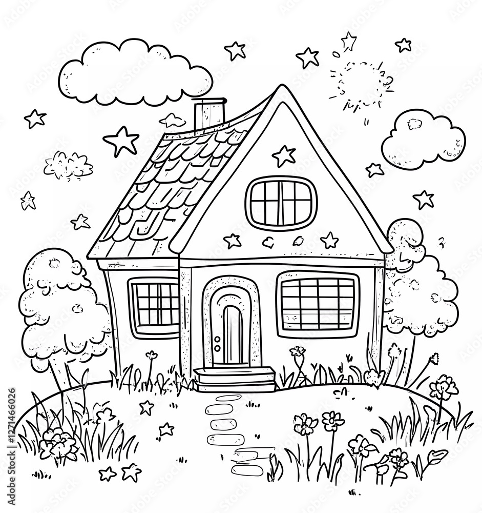 Cute house coloring page for kids, with simple and clear black lines on ...