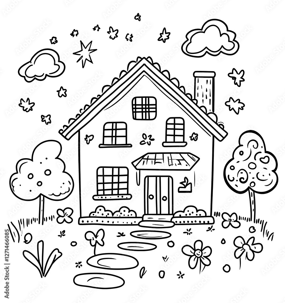 Cute house coloring page for kids, with simple and clear black lines on ...