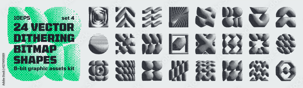 Dithering bitmap high-quality shapes, abstract geometric graphic assets kit inspiration by retro ...