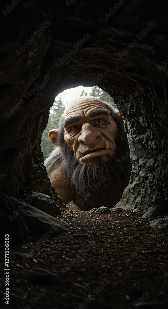Fashion photograph of ancient giant troll face at cave entrance ...