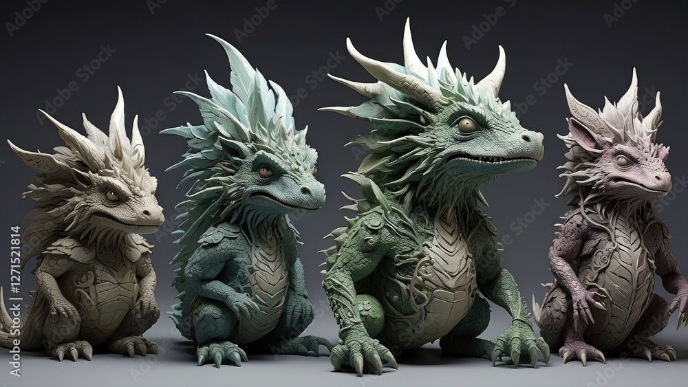 Four fantasy creatures with unique designs and textures Stock ...