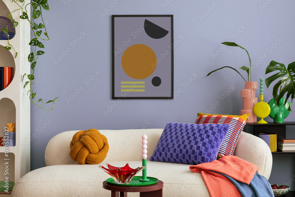 Modern and colorful interior of living room with design boucle sofa ...