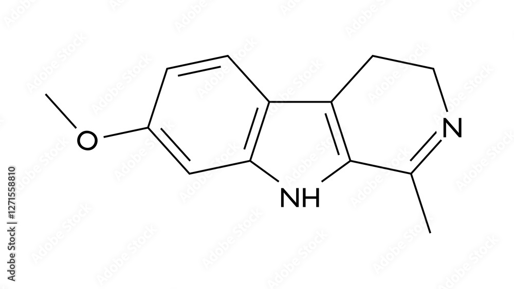 harmaline molecule, structural chemical formula, ball-and-stick model ...
