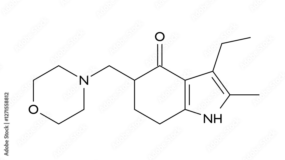 molindone molecule, structural chemical formula, ball-and-stick model ...