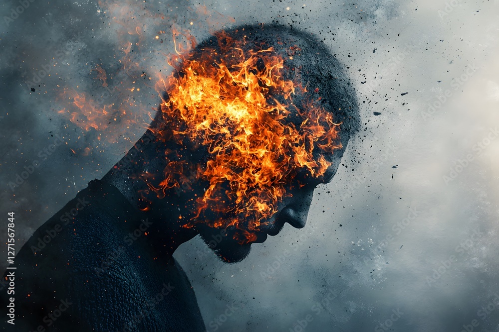 Burning Mind: A surreal portrait of a person with their head engulfed ...