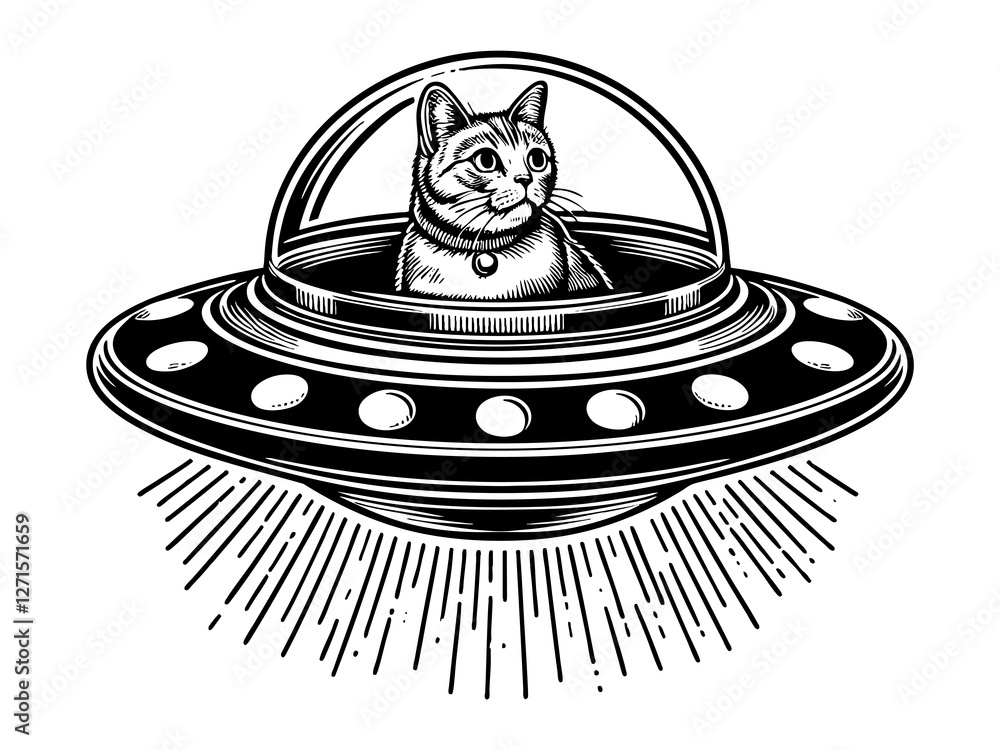 adorable cat inside a flying saucer, blending whimsical sci-fi, fantasy ...