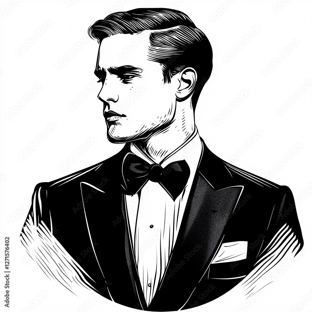 1920s classic tuxedo style for men with black bow ties, Line art, Black ...