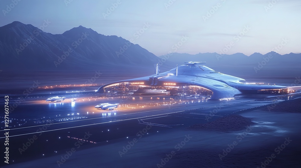 Futuristic Spaceport: A Night View of a Large, Circular Spaceport with ...