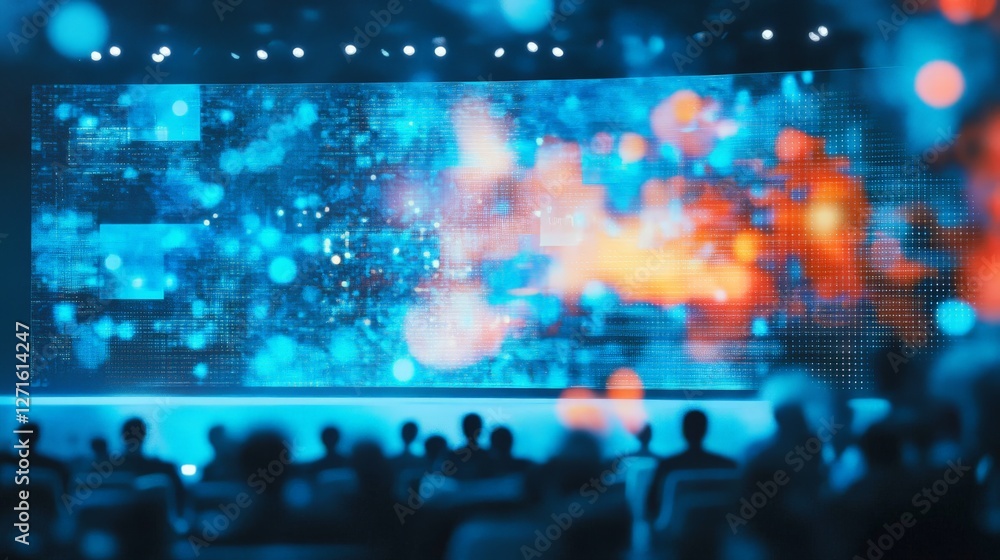 Blurred conference stage with an LED backdrop displaying futuristic ...