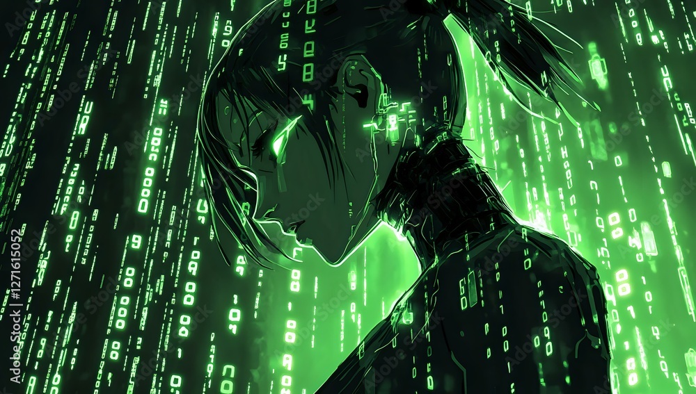 Anime character in cyberpunk style with digital matrix code rain effect ...
