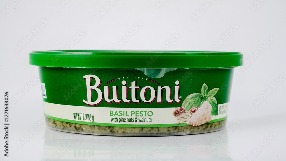NORWALK, CT, USA- FEBRUARY 12, 2025: A container of Buitoni basil pesto ...
