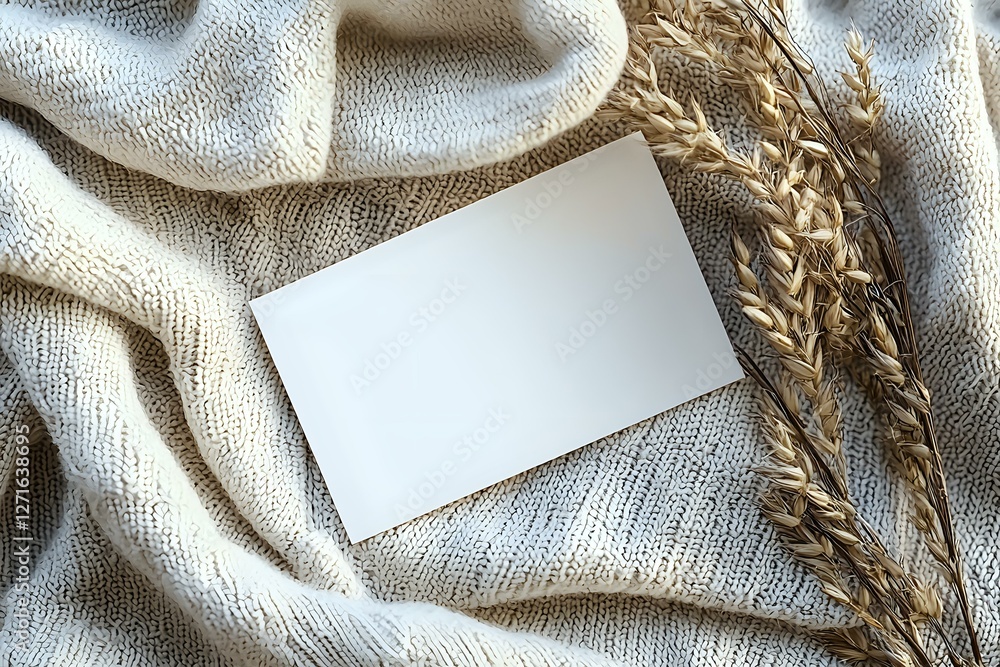 Blank white card mockup on natural linen fabric with dried wheat stalks ...