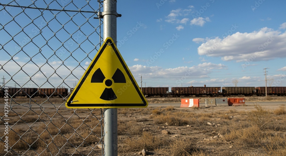 Stock-Foto „Radioactive warning sign on chain-link fence at industrial ...