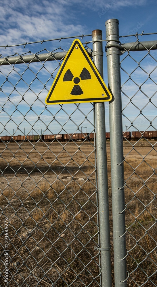Yellow radioactive warning sign on chain link fence at restricted area ...