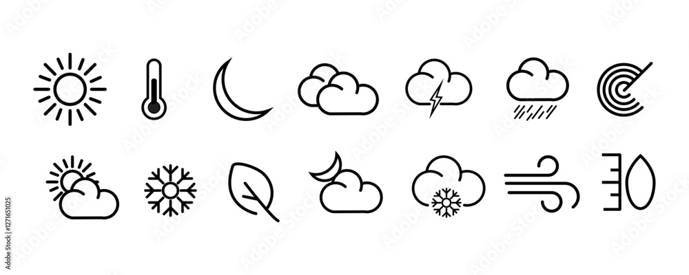 Weather icon set. Sun,Temperature, Moon, Cloud, Thunder, Rain, Radar ...