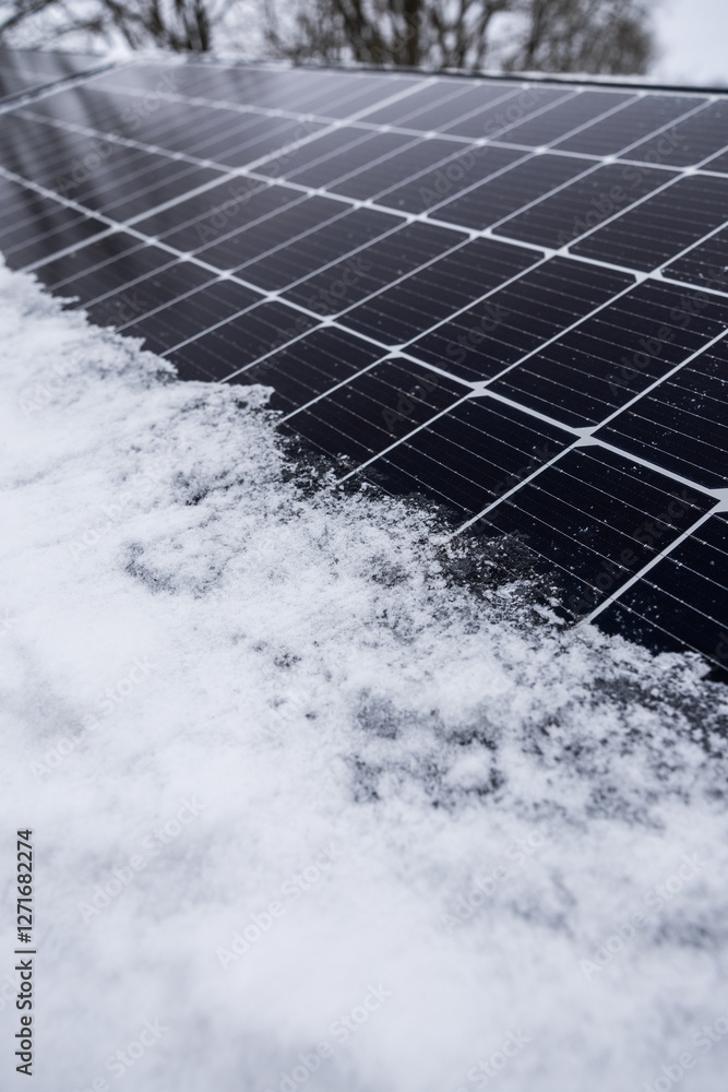 Snow-covered solar panels on rooftop struggle to absorb sunlight ...