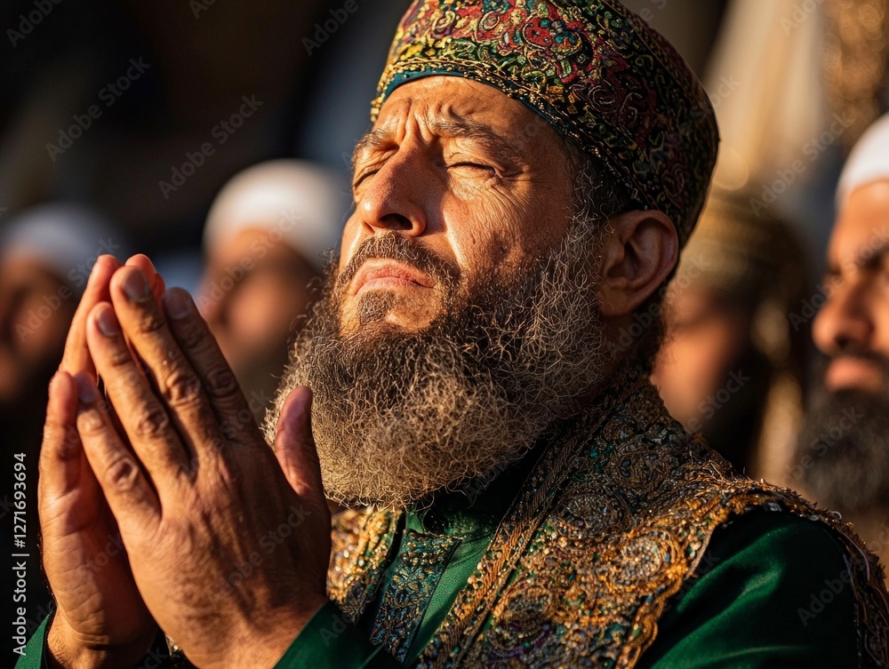 In mosque during Maghrib prayer Imam raises his hands for Takbir while ...