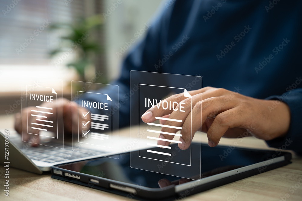 E-Invoice and Digital billing concept, Businessman using laptop to manage electronic statements ...