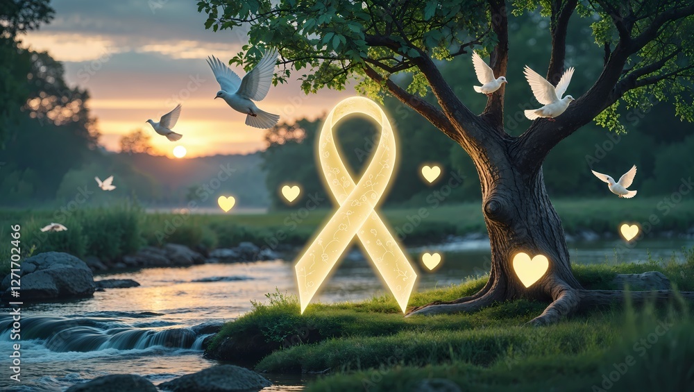 Show a glowing cancer ribbon intertwined with a tree, with leaves ...