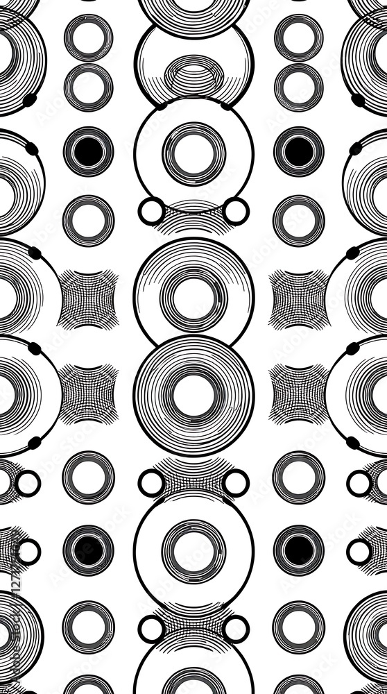 Seamless pattern of minimalist black and white line art circles ...