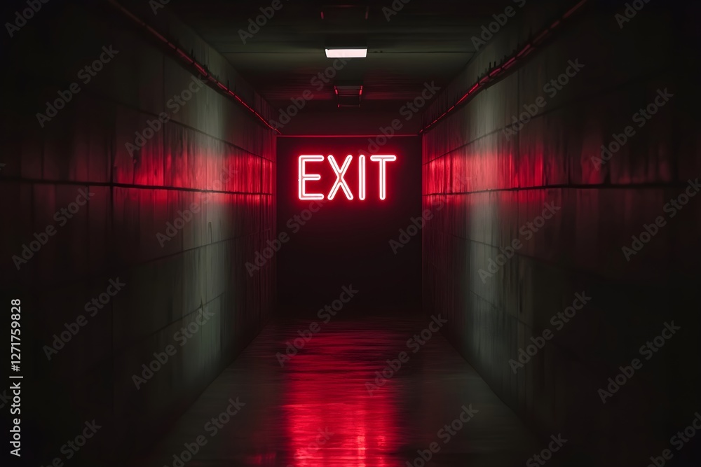 Glowing red exit sign in dark corridor with reflective floor. Emergency ...