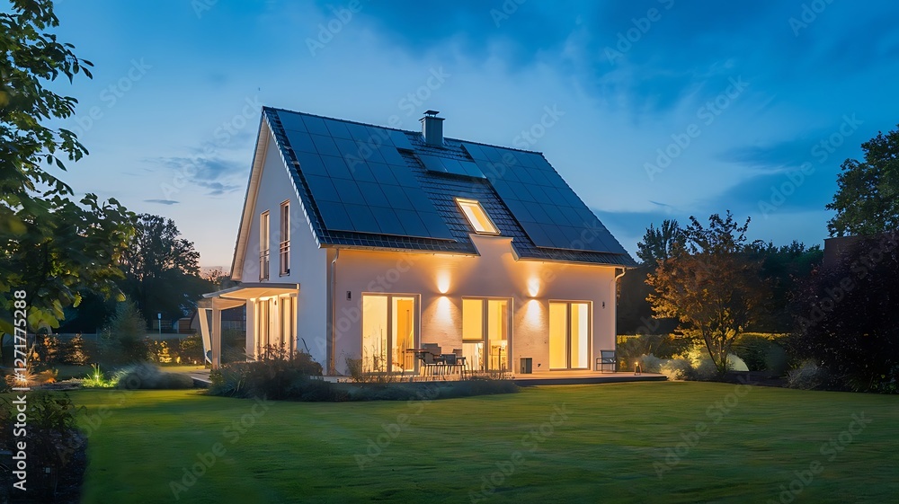 Sustainable solar panel home, innovative house night sky roof ...