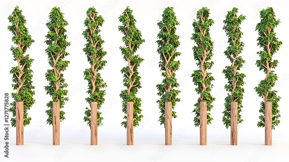 row of tall, slender tree fences standing in a straight line, their ...