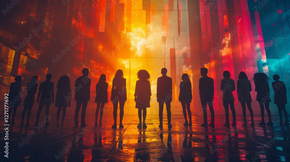 Silhouettes of a group of people looking back at a bright wall. Stock ...