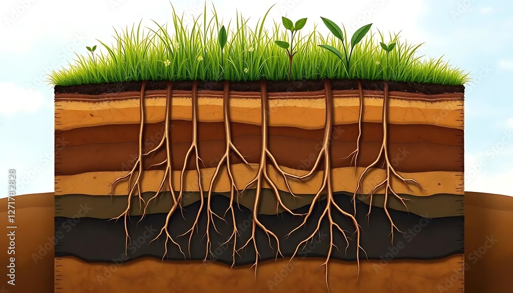 Panorama of soil layers cross section. Roots penetrate various soil ...