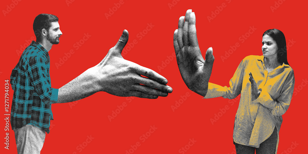 Man offering handshake while woman raises hand in rejection, displaying ...