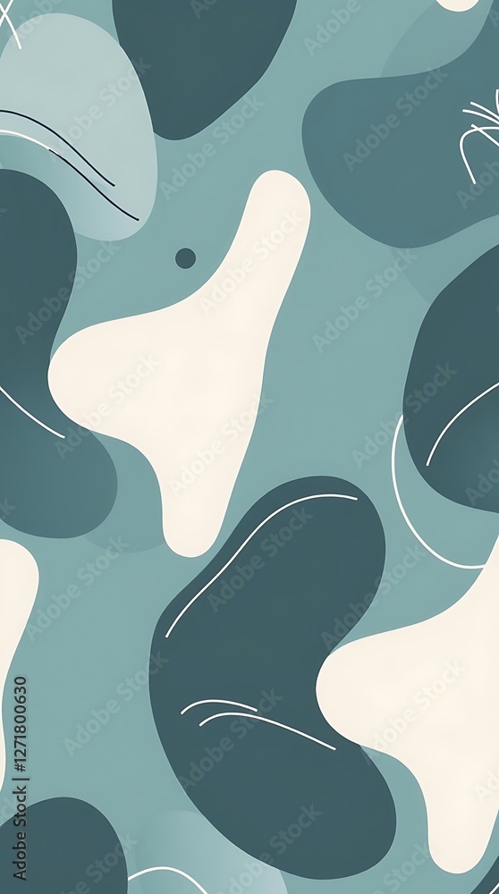 A modern seamless pattern of abstract shapes and lines in a cool-toned ...