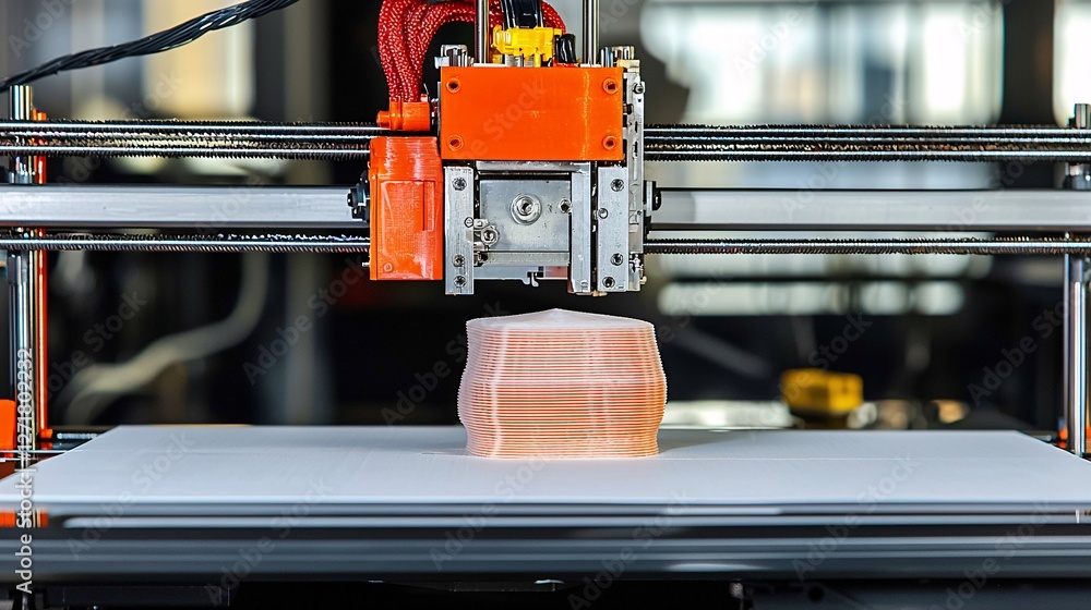 3D printer in action, creating a small prototype with layers of ...