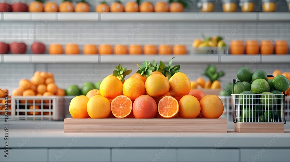 Hyper detailed holographic fruit and produce display in a clean modern ...