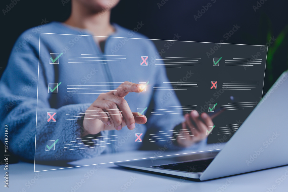 Online survey and digital checklist concept. Woman interact with checklist interface on laptop ...