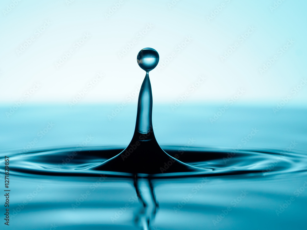 Blue Water droplet on light blue background floating in the air in ...