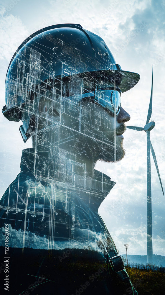 Architect wearing augmented reality goggles and hardhat planning ...