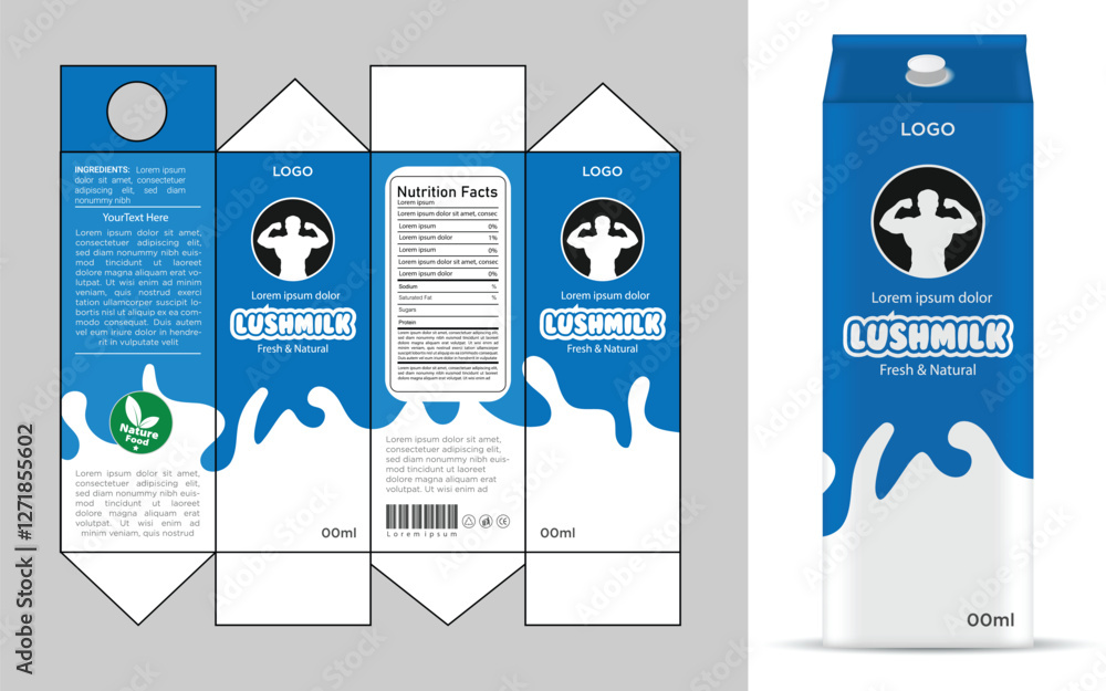 Milk product packaging design template with 3d mockup example. Healthy ...