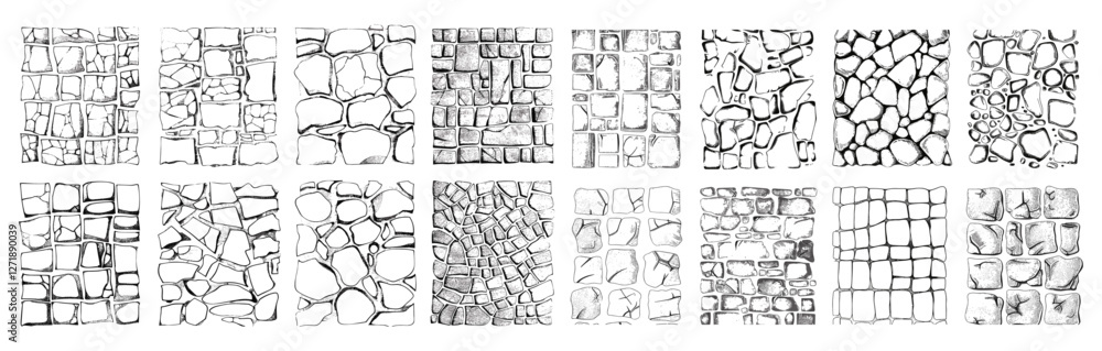 Set of vector illustration hand drawing paving stone and brick textures, seamless patterns of ...