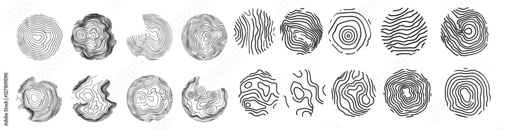Vector illustration set of various topographic line map rings, wood ...