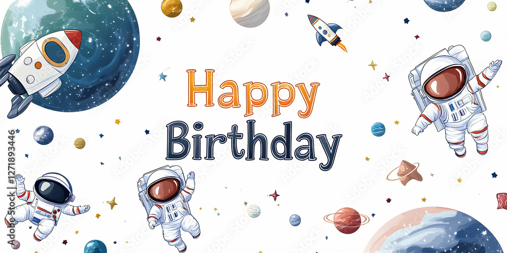 Create a fun and vibrant space-themed birthday poster featuring planets ...