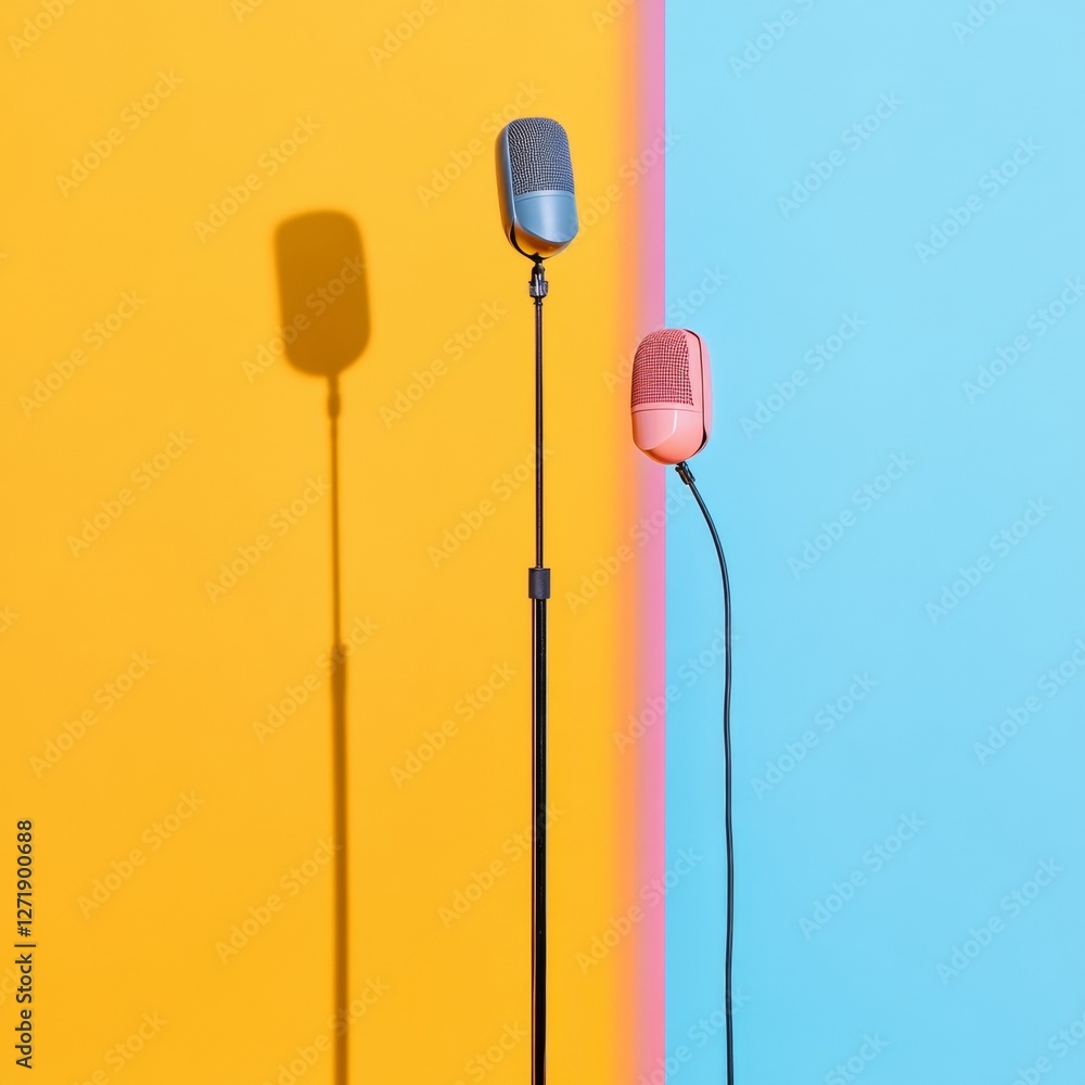 Color Pop Media Setup Retro Microphones on Bold Pastel Backdrop Dynamic ...
