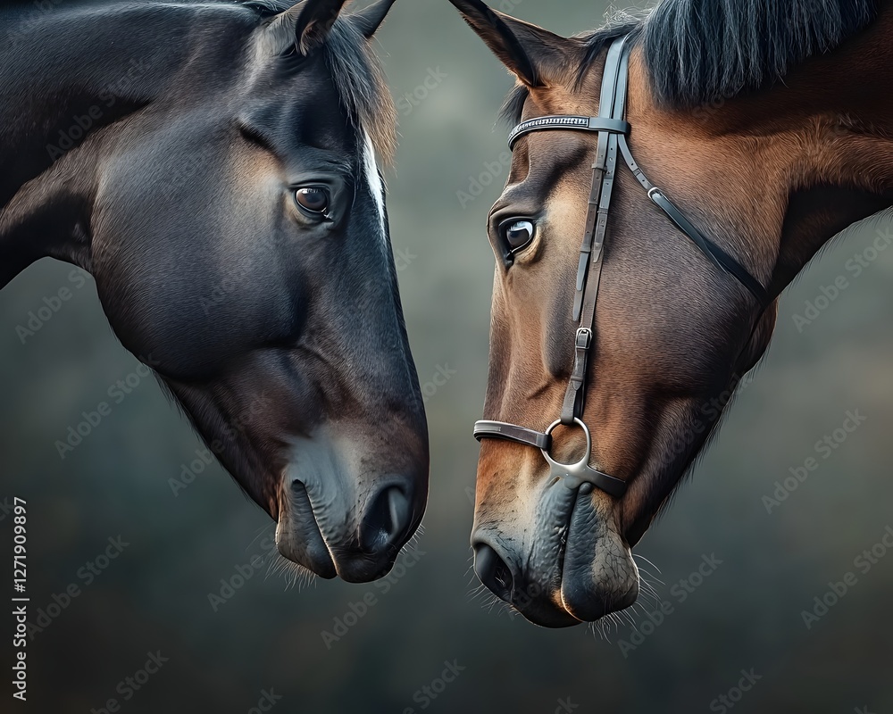 Two majestic horses face each other, their expressive eyes capturing a ...