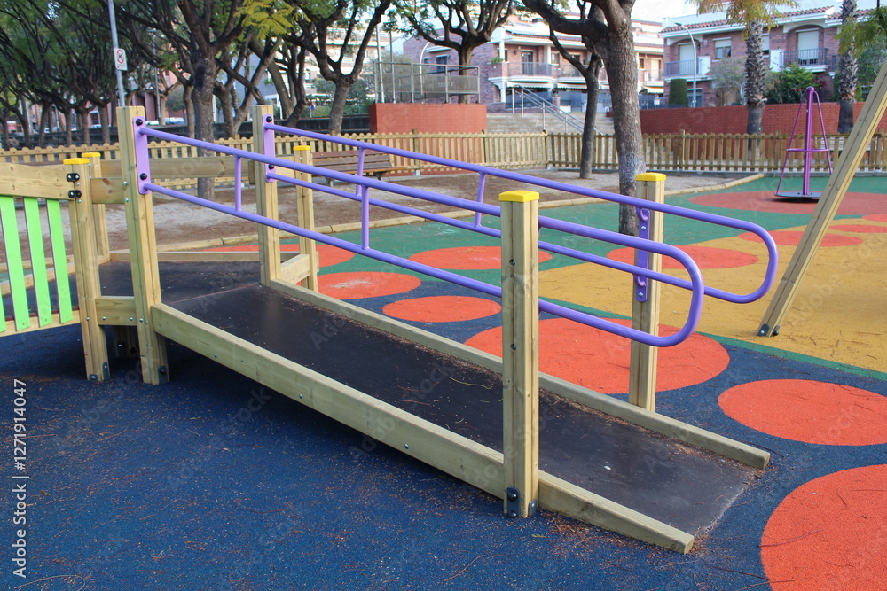 Inclusive playground for children with functional diversity and physical disabilities. Detail of ...