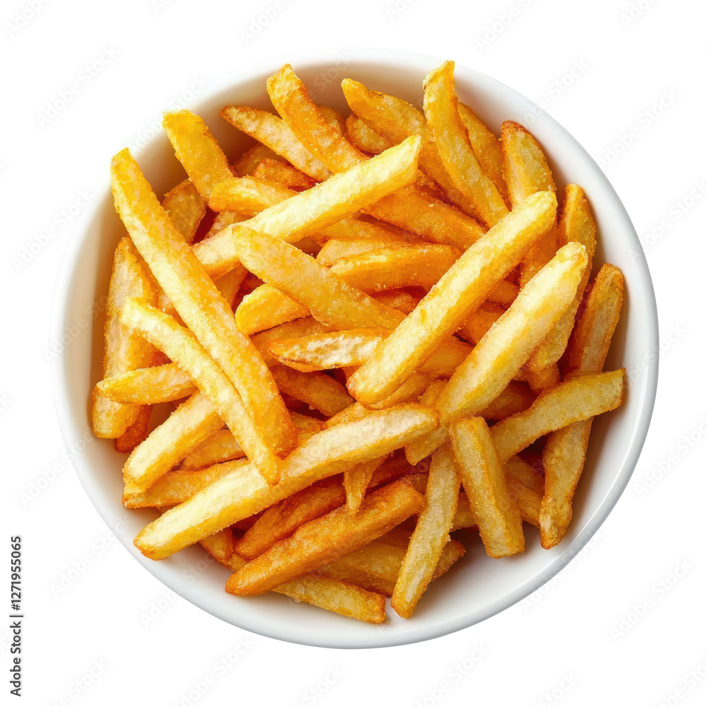 Golden crispy French fries served in a white bowl. A popular fast food ...