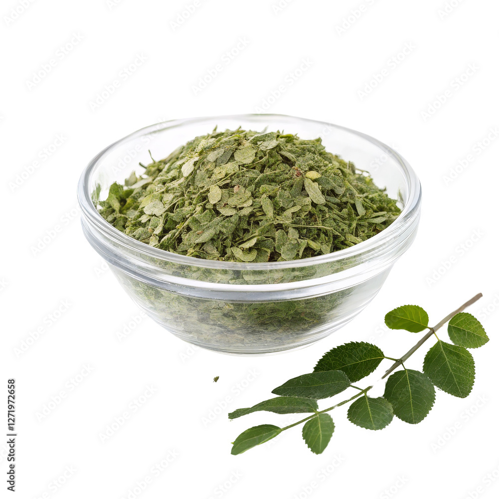 Dried Moringa Leaves in Glass Bowl, Isolated on Transparent Background ...