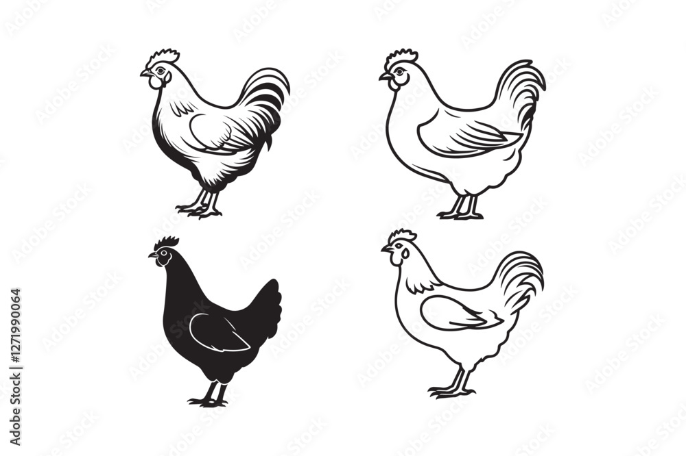 Hen Silhouette and Outline Clipart Set for Digital and Print Designs ...