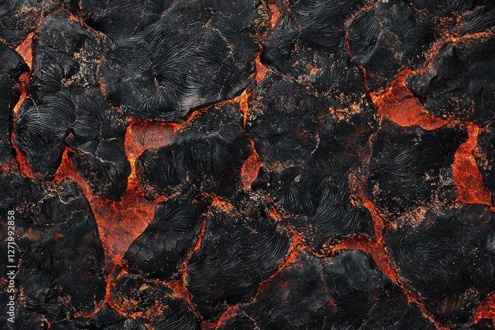 Volcanic rock texture with bright orange magma flowing through cracks ...
