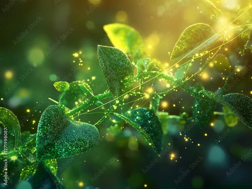 Dynamic depiction of photosynthesis glowing energy flow sunlight sugar ...