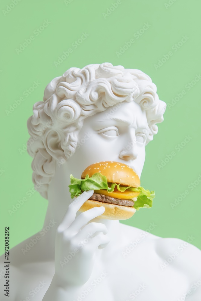 White gypsum statue of dionysus eating a hamburger on a plain green ...